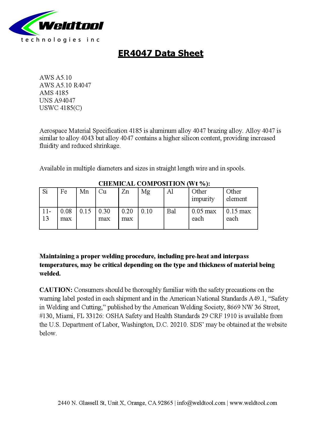 AMS 4185 - Aluminum 4047 Welding Wire | Weldtool Technologies