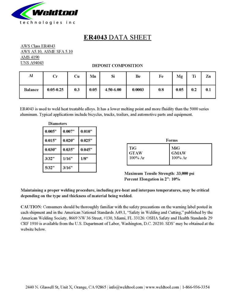 ER 4043 - AMS 4190 - Aluminum Welding Wire | Weldtool Technologies