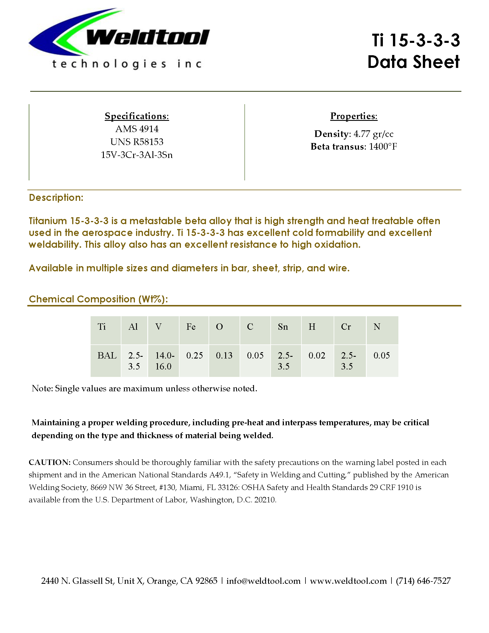 Ti 15-3-3-3 Titanium Welding Wire | Weldtool Technologies
