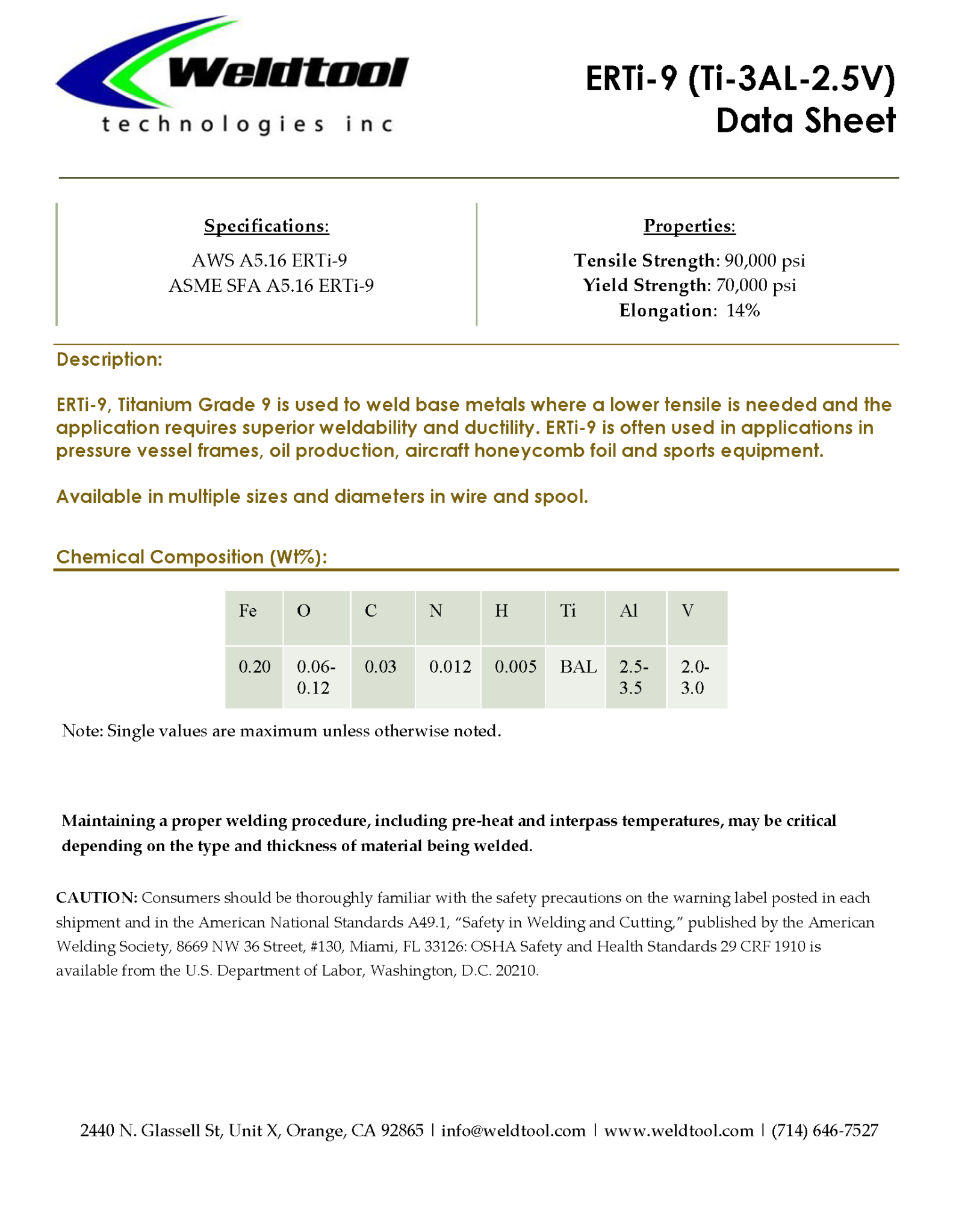 ERTi-9 (3Al-2.5V) - Titanium Grade 9 | Weldtool Technologies