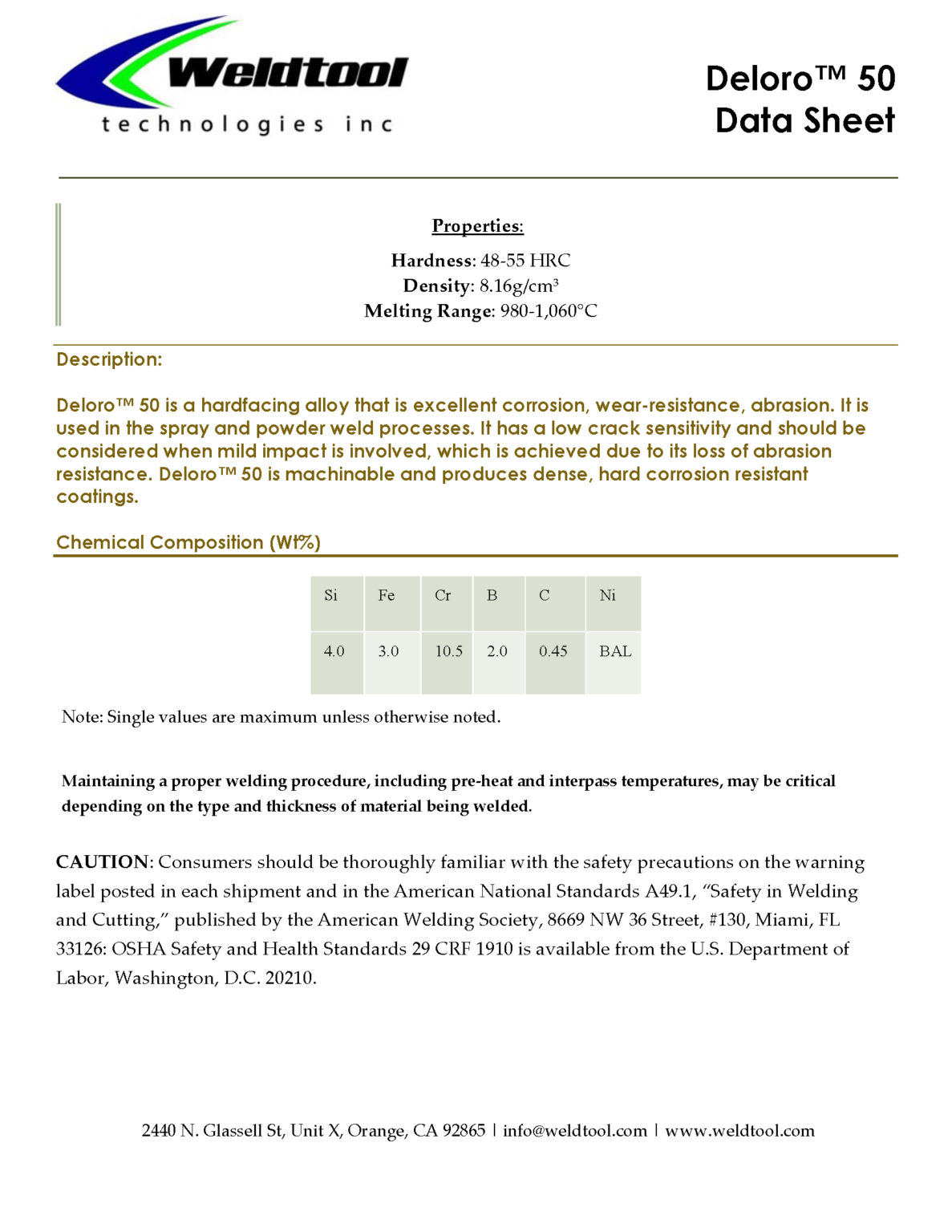 Deloro™ 50 - Nickel Alloy | Weldtool Technologies