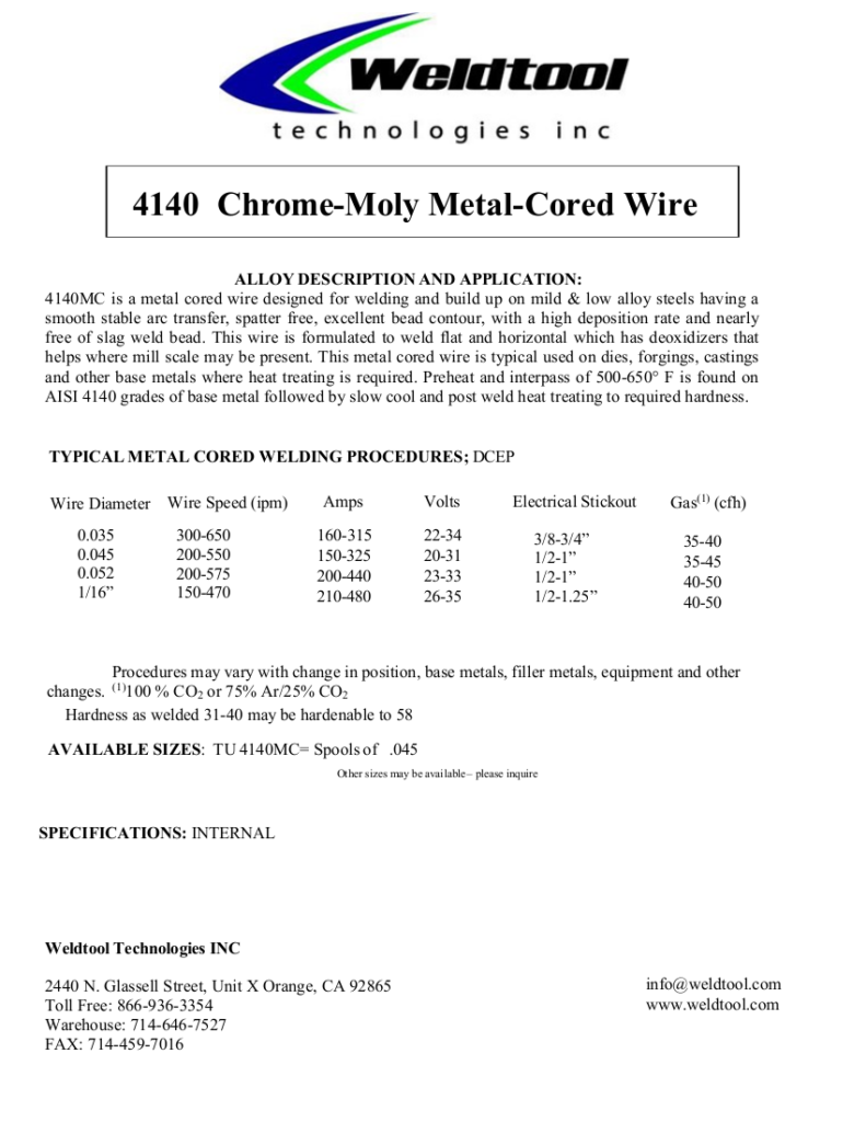 WT 4140 VM - AMS 6452 - Low Alloy Steel Welding Wire | Weldtool ...